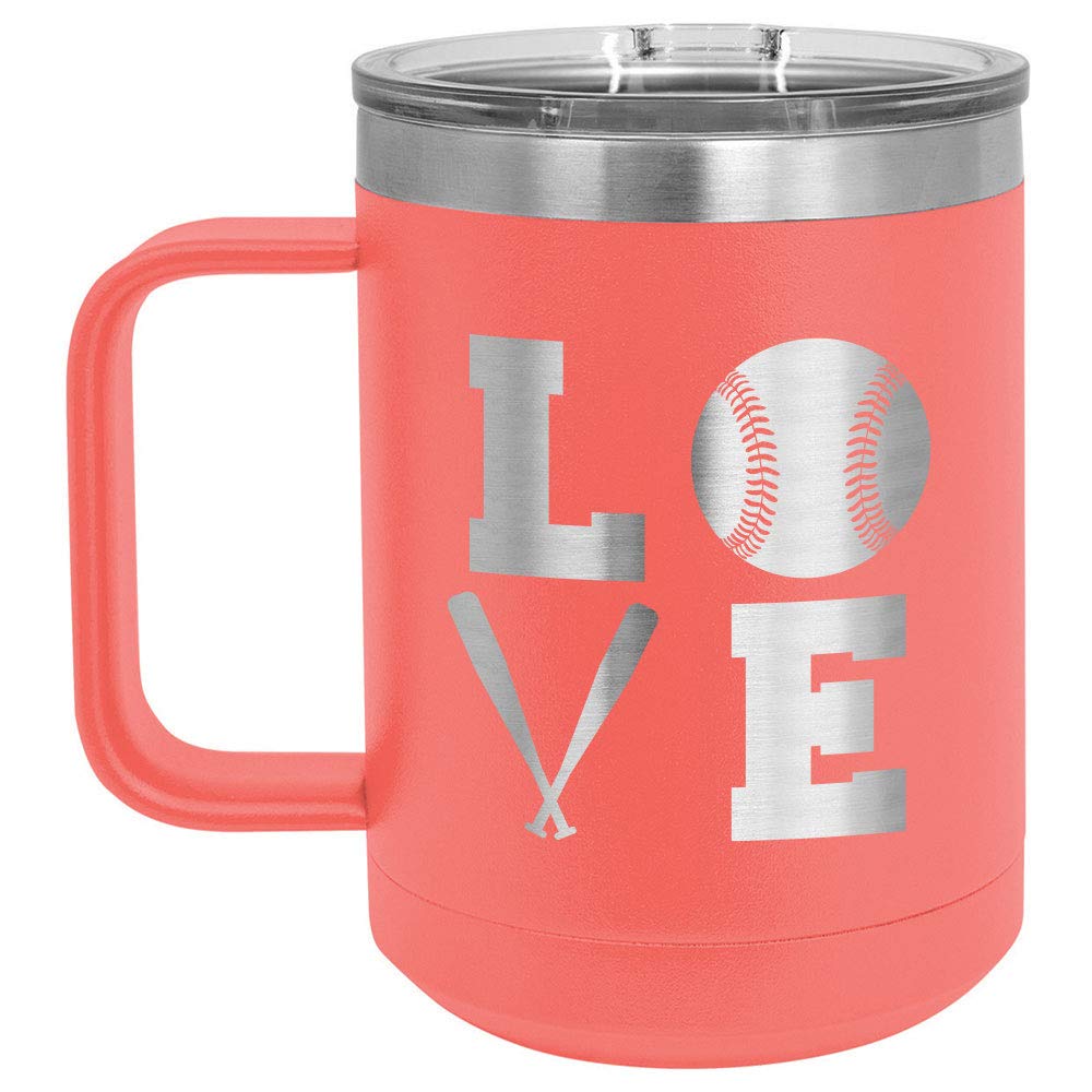 BASEBALL LOVE SQUARE Coral 15 oz Coffee Cup w/Slide Top Lid | Insulated Travel Coffee Mug | Unique Gift Ideas From Women or Men | Compare Price To Yeti Rambler