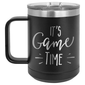 it's game time black 15 oz coffee cup w/slide top lid | insulated travel coffee mug | birthday or christmas gift ideas from women or men | compare to yeti rambler | onlygifts.com