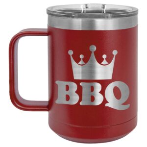 bbq king maroon 15 oz coffee cup w/slide top lid | insulated travel coffee mug | bbq & grilling gift idea for men who have everything, dad & grandpa | compare to yeti rambler | onlygifts.com