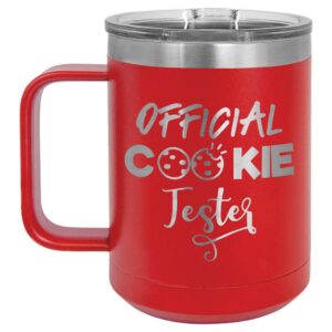 official cookie tester red 15 oz coffee cup w/slide top lid | insulated travel coffee mug | fun christmas designs and gift ideas from women or men | compare to yeti rambler | onlygifts.com