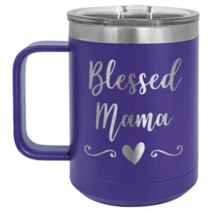 blessed mama purple 15 oz coffee cup w/slide top lid | insulated travel coffee mug | unique gift ideas from women or men | compare price to yeti rambler