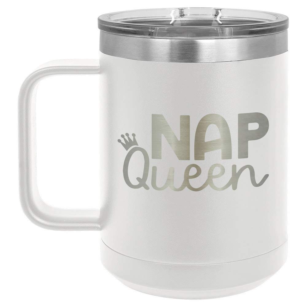 NAP QUEEN White 15 oz Coffee Cup w/Slide Top Lid | Insulated Travel Coffee Mug | Unique Gift Ideas From Women or Men | Compare Price To Yeti Rambler