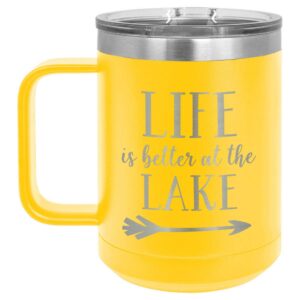 life is better at the lake yellow 15 oz coffee cup w/slide top lid | insulated travel coffee mug | unique gift ideas from women or men | compare price to yeti rambler