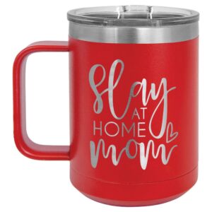 slay at home mom red 15 oz coffee cup w/slide top lid | insulated travel coffee mug | unique gift ideas from women or men | compare price to yeti rambler