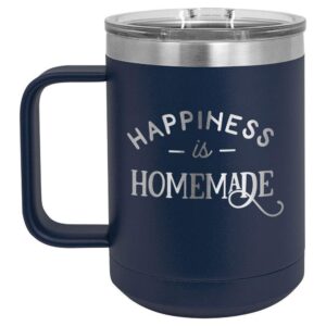 happiness is homemade navy 15 oz coffee cup w/slide top lid | insulated travel coffee mug | unique gift ideas from women or men | compare price to yeti rambler