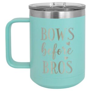 bows before bros teal 15 oz coffee cup w/slide top lid | insulated travel coffee mug | birthday or christmas gift ideas from women or men | compare to yeti rambler | onlygifts.com