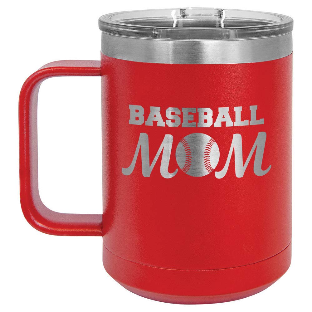 BASEBALL MOM Red 15 oz Coffee Cup w/Slide Top Lid | Insulated Travel Coffee Mug | Unique Gift Ideas From Women or Men | Compare Price To Yeti Rambler