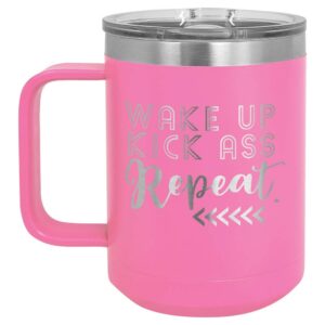 wake up kick ass repeat pink 15 oz coffee cup w/slide top lid | insulated travel coffee mug | unique gift ideas from women or men | compare price to yeti rambler