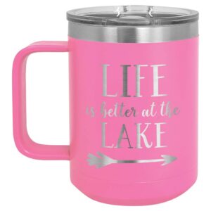 life is better at the lake pink 15 oz coffee cup w/slide top lid | insulated travel coffee mug | unique gift ideas from women or men | compare price to yeti rambler