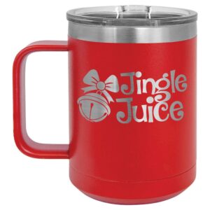 jingle juice red 15 oz coffee cup w/slide top lid | insulated travel coffee mug | fun christmas designs and gift ideas from women or men | compare to yeti rambler | onlygifts.com