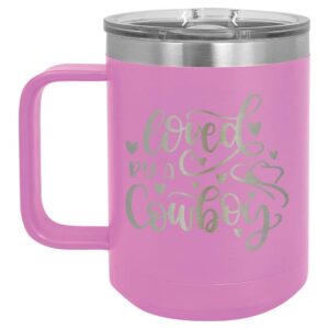 loved by a cowboy light pink 15 oz coffee cup w/slide top lid | insulated travel coffee mug | birthday or christmas gift ideas from women or men | compare to yeti rambler | onlygifts.com