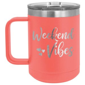 weekend vibes coral 15 oz coffee cup w/slide top lid | insulated travel coffee mug | unique gift ideas from women or men | compare price to yeti rambler