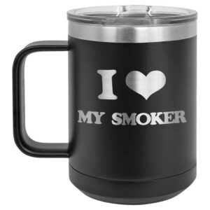 i love my smoker black 15 oz coffee cup w/slide top lid | insulated travel coffee mug | bbq & grilling gift idea for men who have everything, dad & grandpa | compare to yeti rambler | onlygifts.com