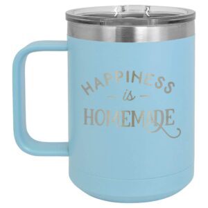 happiness is homemade light blue 15 oz coffee cup w/slide top lid | insulated travel coffee mug | birthday or christmas gift ideas from women or men | compare to yeti rambler | onlygifts.com