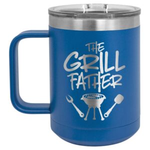 the grillfather b blue 15 oz coffee cup w/slide top lid | insulated travel coffee mug | bbq & grilling gift idea for men who have everything, dad & grandpa | compare to yeti rambler | onlygifts.com