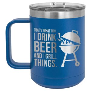 drink beer grill things blue 15 oz coffee cup w/slide top lid | insulated travel coffee mug | bbq & grilling gift idea for men who have everything, dad | compare to yeti rambler | onlygifts.com