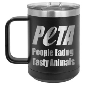 people eating tasty animals black 15 oz coffee cup w/slide top lid | insulated travel coffee mug | bbq & grilling gift idea for men who have everything, dad | compare to yeti rambler | onlygifts.com