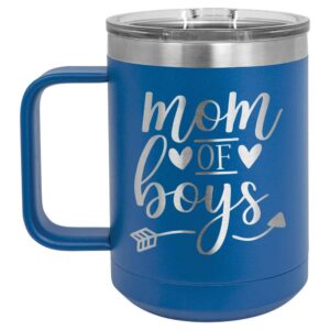 mom of boys blue 15 oz coffee cup w/slide top lid | insulated travel coffee mug | unique gift ideas from women or men | compare price to yeti rambler