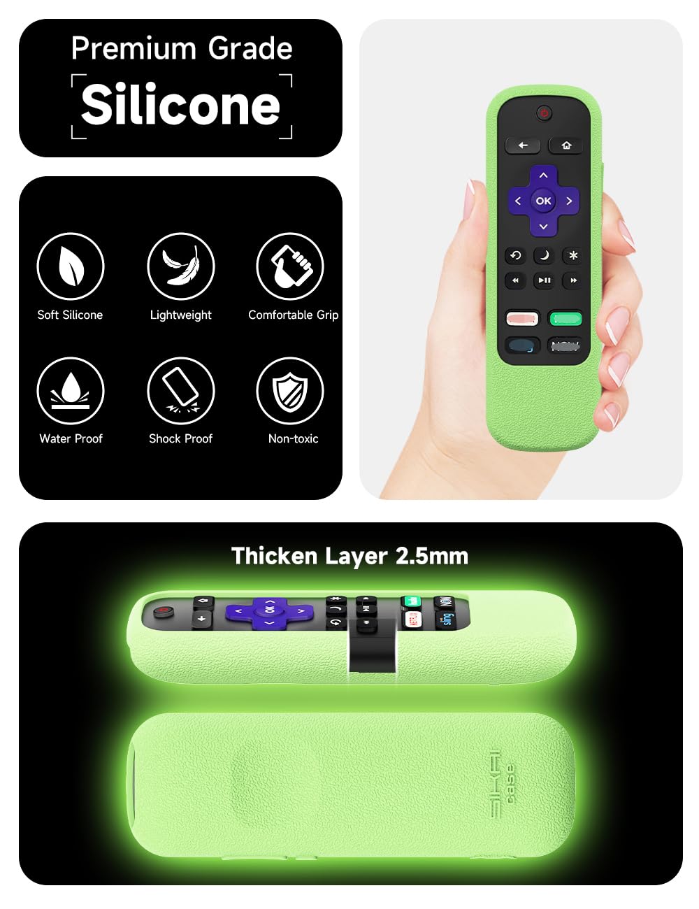 Roku Voice Remote Cover for Roku RC580,Select Series HD TV 2024,Stick 4k+,RCA1R 2022,RCAL7R Remote Shockproof Silicone Protective Case for Streaming Stick 4K with Remote Loop(Glow Green)