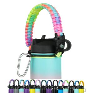 paracord handle - fits wide mouth bottles 12oz to 64oz - durable carrier, paracord carrier strap cord with safety ring,compass and carabiner - ideal water bottle handle strap (rainbow)