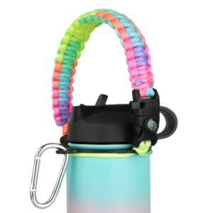 Paracord Handle - Fits Wide Mouth Bottles 12oz to 64oz - Durable Carrier, Paracord Carrier Strap Cord with Safety Ring,Compass and Carabiner - Ideal Water Bottle Handle Strap (Rainbow)