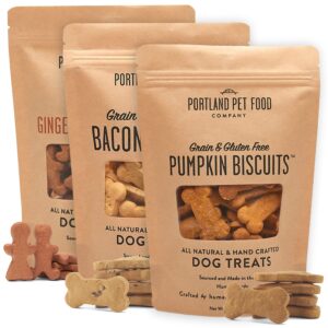 portland pet food company healthy dog treats variety 3-pack - grain-free, human-grade, gingerbread, pumpkin and bacon dog treats multipack - natural dog training treats & biscuits made in the usa only