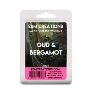 oud & bergamot soy wax melts - 3.2oz, 6 cube clamshell, all natural, highly scented, long-lasting aroma, premium quality, handmade, non-toxic, eco-friendly