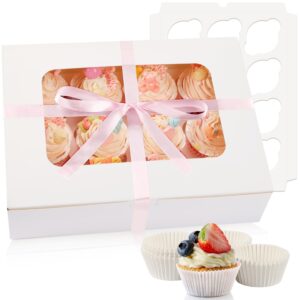 moretoes 8 pcs cupcake boxes, 12 count white cupcake boxes with windows and inserts to fit 12 cupcakes muffins or pastries, 100 cupcake baking cups and ribbon