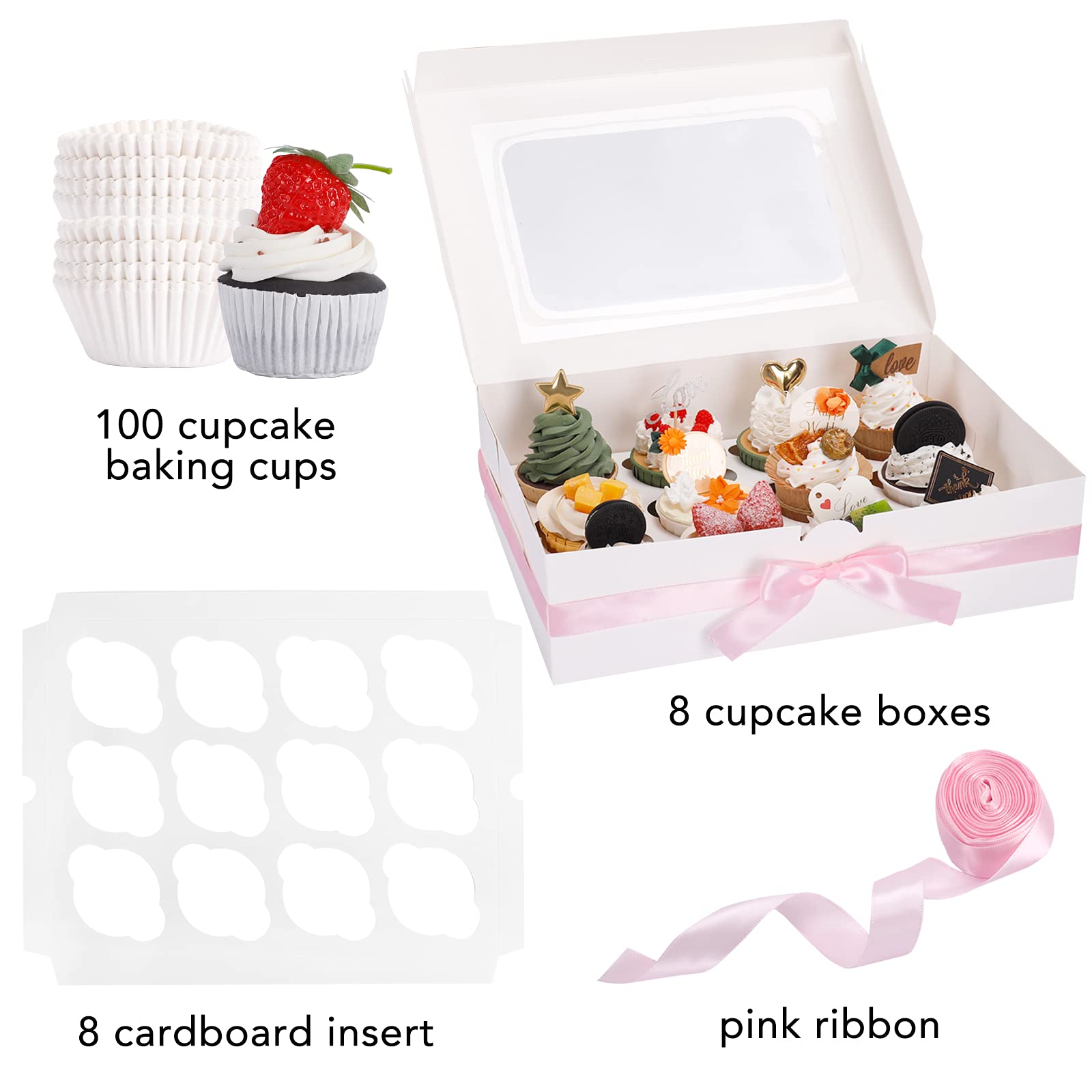 Moretoes 8 Pcs Cupcake Boxes, 12 Count White Cupcake Boxes with Windows and Inserts to Fit 12 Cupcakes Muffins or Pastries, 100 Cupcake Baking Cups and Ribbon