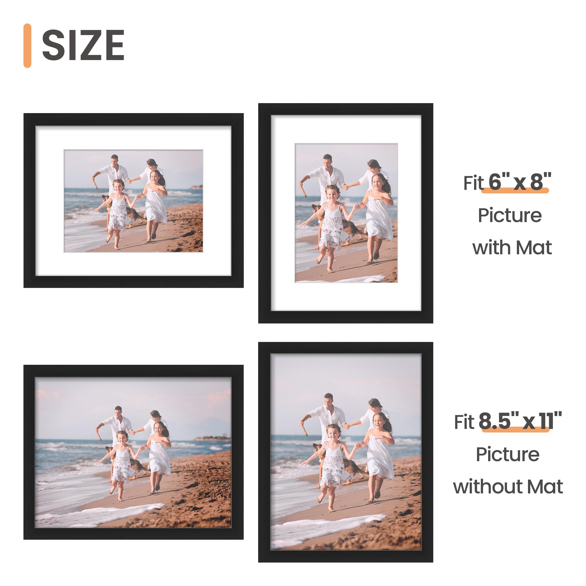 upsimples 8.5x11 Picture Frame Set of 10, Display Pictures 6x8 with Mat or 8.5x11 without Mat, Multi Photo Frames Collage for Wall or Tabletop Display, Real Glass, Black