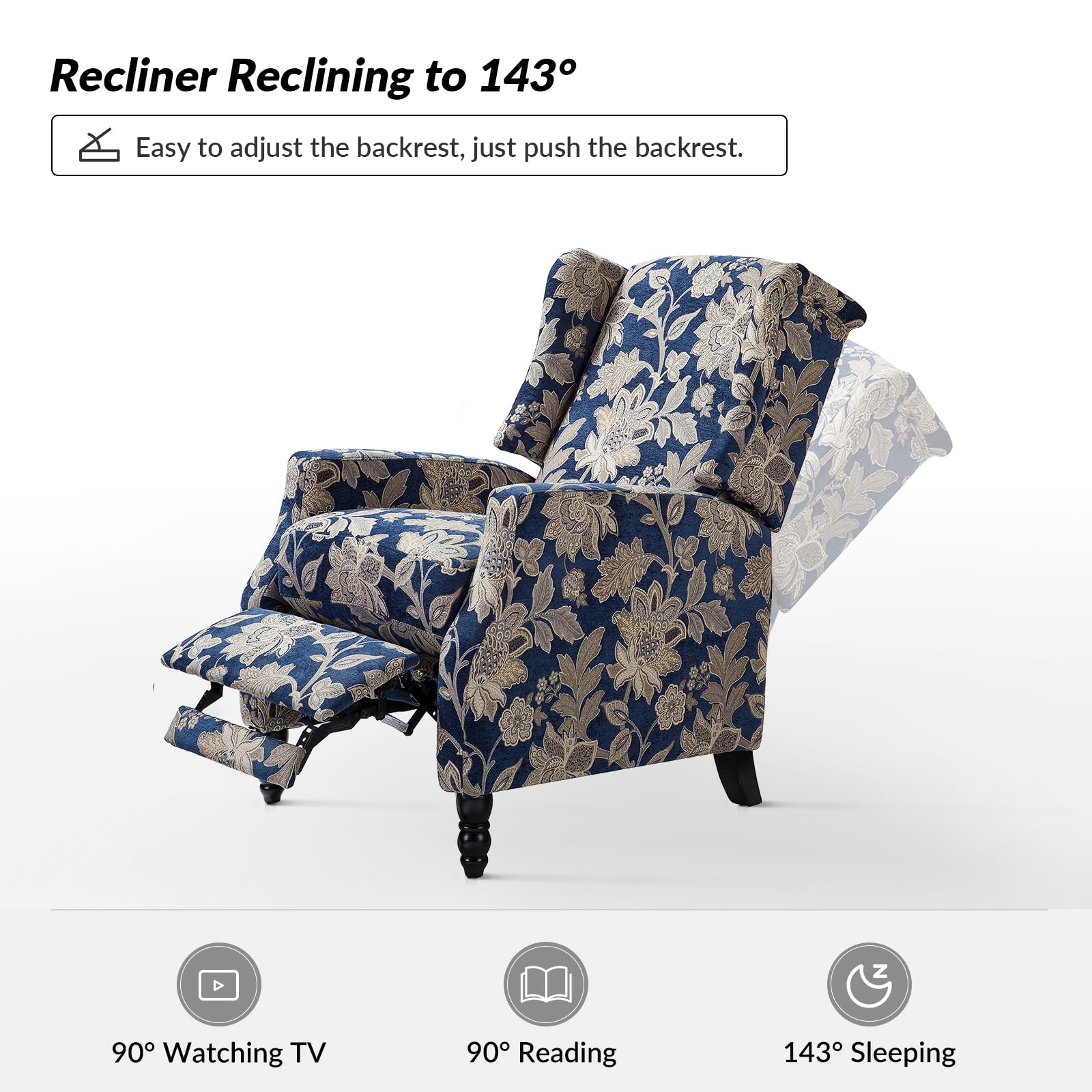 Upholstered Wingback Recliner Chair, Traditional Push Back Recliner Sofa, Mid Century Modern Lounge Armchair for Living Room, Home Theater Accent Chairs Recliners Couches (GARDEN)