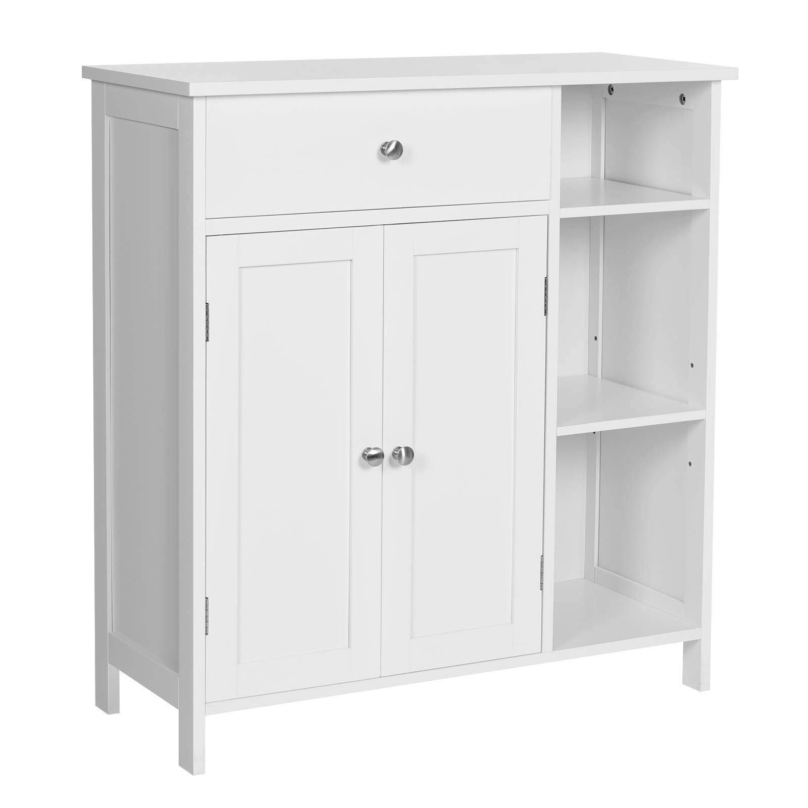 VASAGLE Bathroom Floor, Freestanding Storage Cabinet with Drawer, 3 Open Compartments, Adjustable Shelves, 11.8 x 29.5 x 31.5 Inches, Matte White UBBC142W01