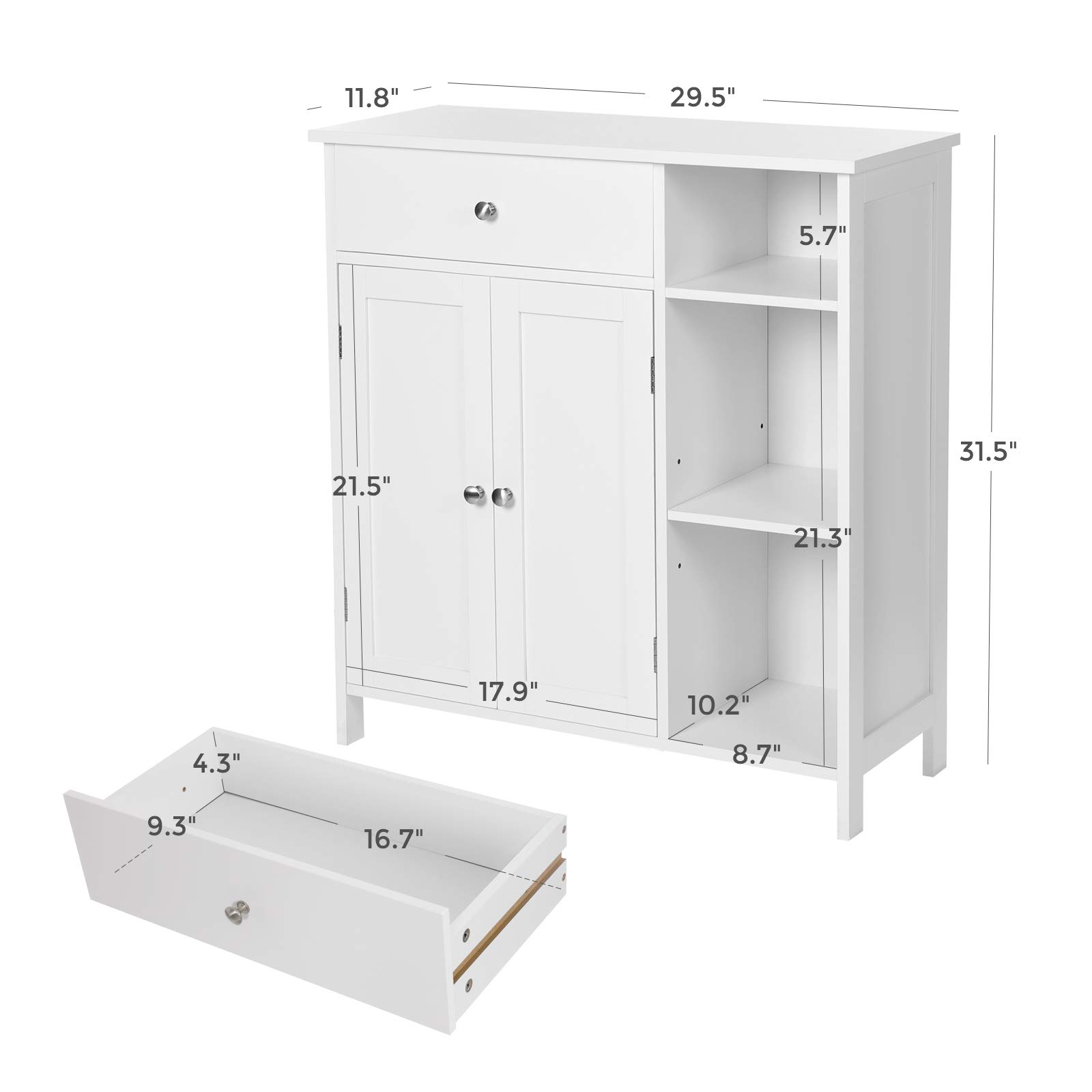 VASAGLE Bathroom Floor, Freestanding Storage Cabinet with Drawer, 3 Open Compartments, Adjustable Shelves, 11.8 x 29.5 x 31.5 Inches, Matte White UBBC142W01