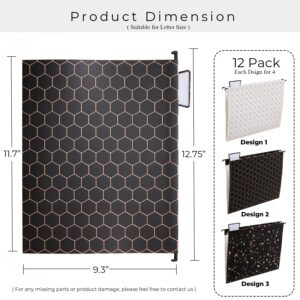 Y YOMA 12 Pack Decorative Hanging File Folders Letter Size Rose Gold File Folder Pretty Hanging Folder Organizer for Filing Cabinet Office Home with 1/5-Cut Adjustable Tabs, 3 Black Foil Design