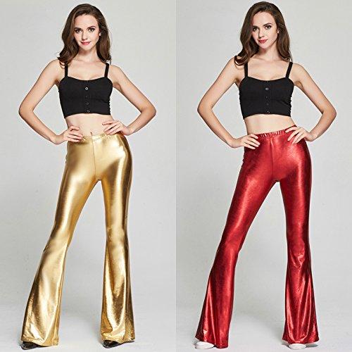 Women Retro 70s Disco Dance Party Shiny Metallic Flare Leggings Slim Fit High Waist Bell Bottom Long Wetlook Hippie Pants Wide Leg Bootcut Palazzo Glam Yoga Vintage Fall Trousers Hot Pink M