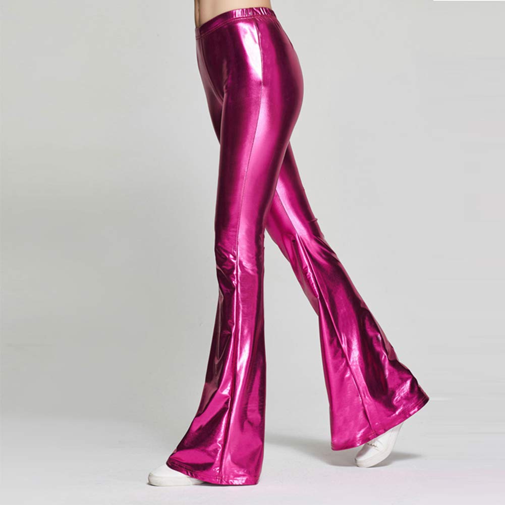 Women Retro 70s Disco Dance Party Shiny Metallic Flare Leggings Slim Fit High Waist Bell Bottom Long Wetlook Hippie Pants Wide Leg Bootcut Palazzo Glam Yoga Vintage Fall Trousers Hot Pink M