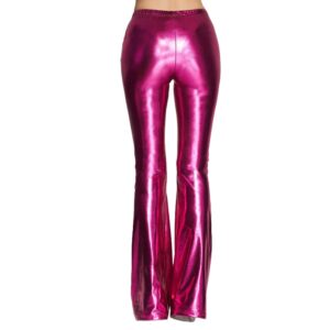 Women Retro 70s Disco Dance Party Shiny Metallic Flare Leggings Slim Fit High Waist Bell Bottom Long Wetlook Hippie Pants Wide Leg Bootcut Palazzo Glam Yoga Vintage Fall Trousers Hot Pink M