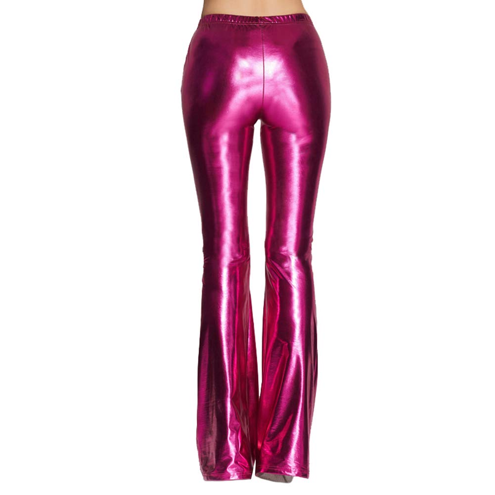 Women Retro 70s Disco Dance Party Shiny Metallic Flare Leggings Slim Fit High Waist Bell Bottom Long Wetlook Hippie Pants Wide Leg Bootcut Palazzo Glam Yoga Vintage Fall Trousers Hot Pink M