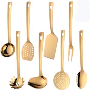 qiboorun stainless steel kitchen utensil set -8 cooking utensils, colorful titanium plated set kitchen tools gadgets cake shovels/plain spatula, potato masher, spoon, slotted spoon-gold