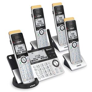 vtech is8151-4 super long range 4 handset cordless phone for home with answering machine, 2300 ft range, call blocking, bluetooth, headset jack, power backup, expandable to 12 hs, silver/black