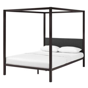 fast furnishings queen size brown metal canopy bed frame with grey upholstered headboard