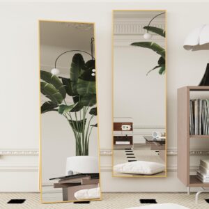 beauty4u 59" x 16" tall full length mirror with stand, gold wall mounting full body mirror, metal frame full-length tempered mirror for living room, bedroom