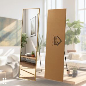 Beauty4U 59" x 16" Tall Full Length Mirror with Stand, Gold Wall Mounting Full Body Mirror, Metal Frame Full-Length Tempered Mirror for Living Room, Bedroom