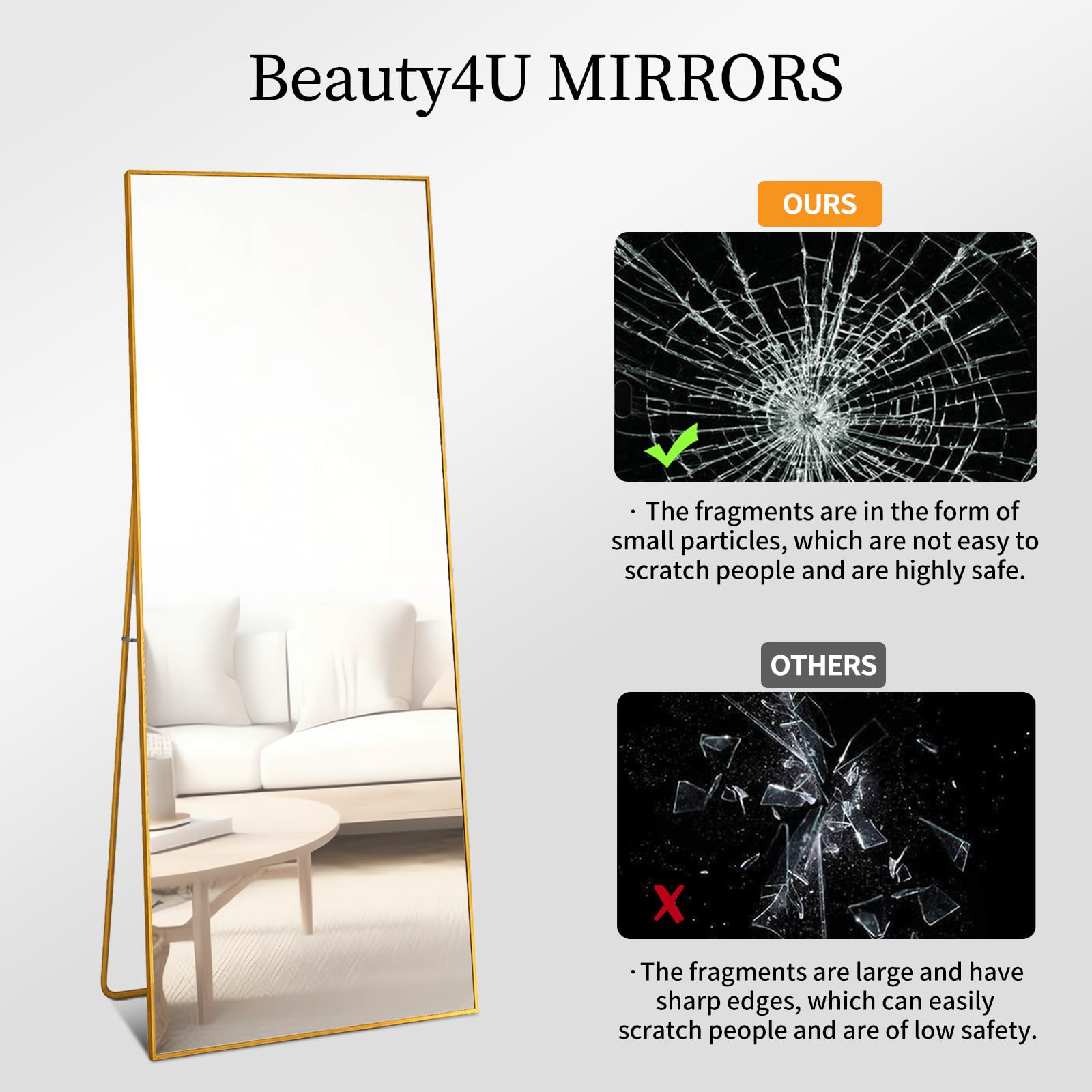 Beauty4U 59" x 16" Tall Full Length Mirror with Stand, Gold Wall Mounting Full Body Mirror, Metal Frame Full-Length Tempered Mirror for Living Room, Bedroom