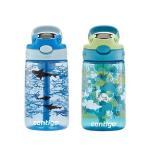 contigo kids straw water bottle with autospout lid, 14oz., 2 pack, dinos & sharks