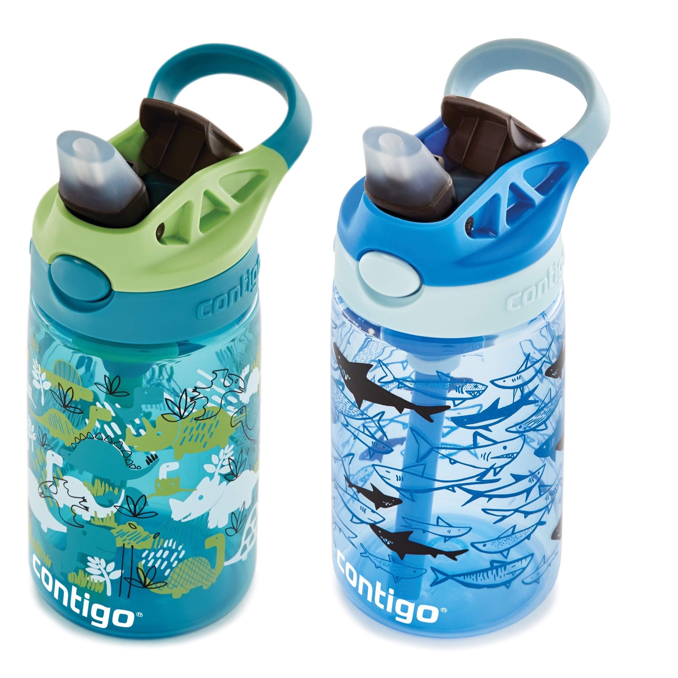 Contigo Kids Straw Water Bottle with AUTOSPOUT Lid, 14oz., 2 Pack, Dinos & Sharks