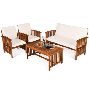 tangkula outdoor 4 pcs acacia wood sofa set w/water resistant cushions, padded patio seating chat set w/coffee table for garden, backyard, poolside (1, white)