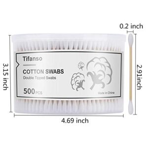 tifanso 500 Count Cotton Swabs, Natural Double Round Cotton Tip Cotton Buds with Strong Wooden Sticks for Ears, Cruelty-Free Ear Swabs, Wooden Cotton Sticks with Storage Box