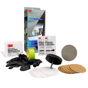 3m ultra headlight restoration kit, contains masking tape, light sanding discs, wax protectant and more, use on plastic lenses headlights, taillights and more, easy heavy-duty restoration (39195)