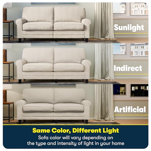 Serta Copenhagen Rolled Arm, Easy Care Polyester, Soft Pillow Back, Pocket Coil Seat Cushions, Removable Covers, Loveseat or Couch for Small Spaces, Living Rooms or Bedrooms, 73" Sofa, Buckwheat